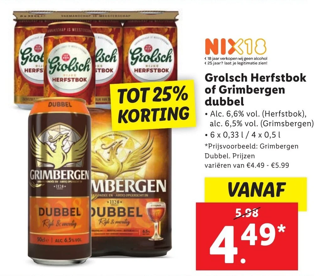 Grolsch Herfstbok of Grimbergen dubbel aanbieding bij Lidl