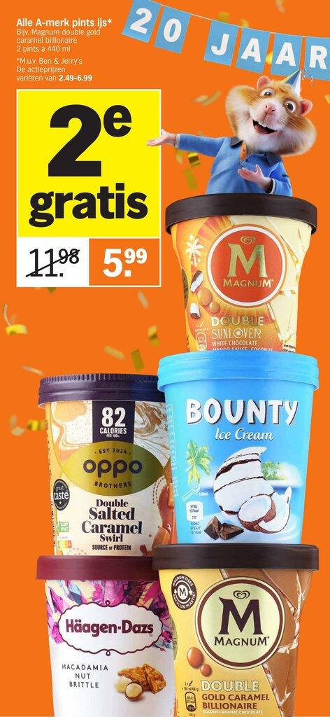 Alle A-merk pints ijs 2e gratis aanbieding bij Albert Heijn