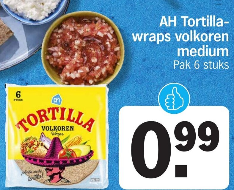 AH Tortilla wraps volkoren medium Pak 6 stuks aanbieding bij Albert Heijn