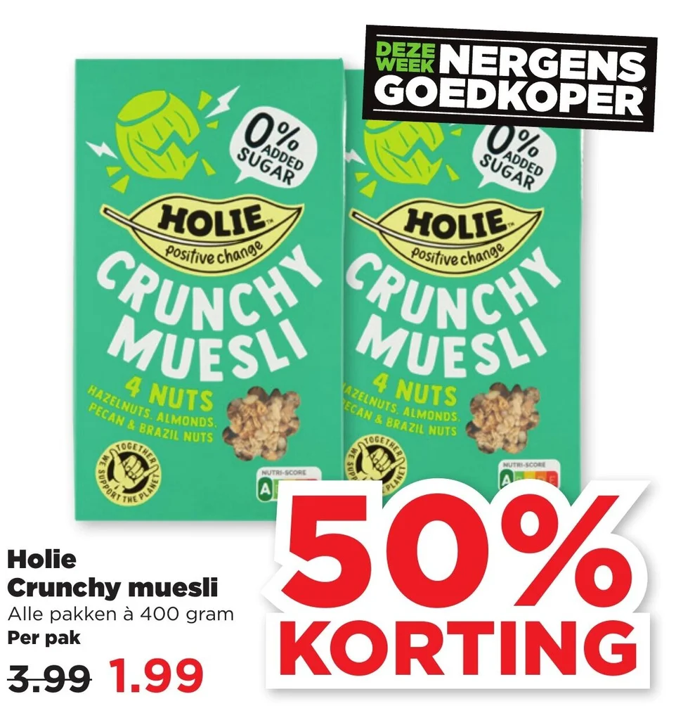Holie Crunchy muesli Alle pakken à 400 gram aanbieding bij PLUS