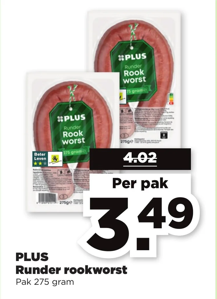 PLUS Runder rookworst Pak 275 gram aanbieding bij PLUS