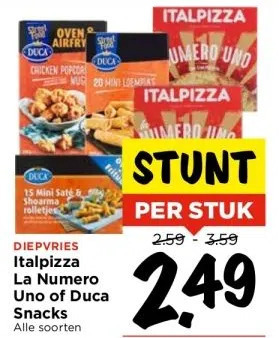 Italpizza la numero uno of duca snacks alle soorten aanbieding bij Vomar Voordeelmarkt