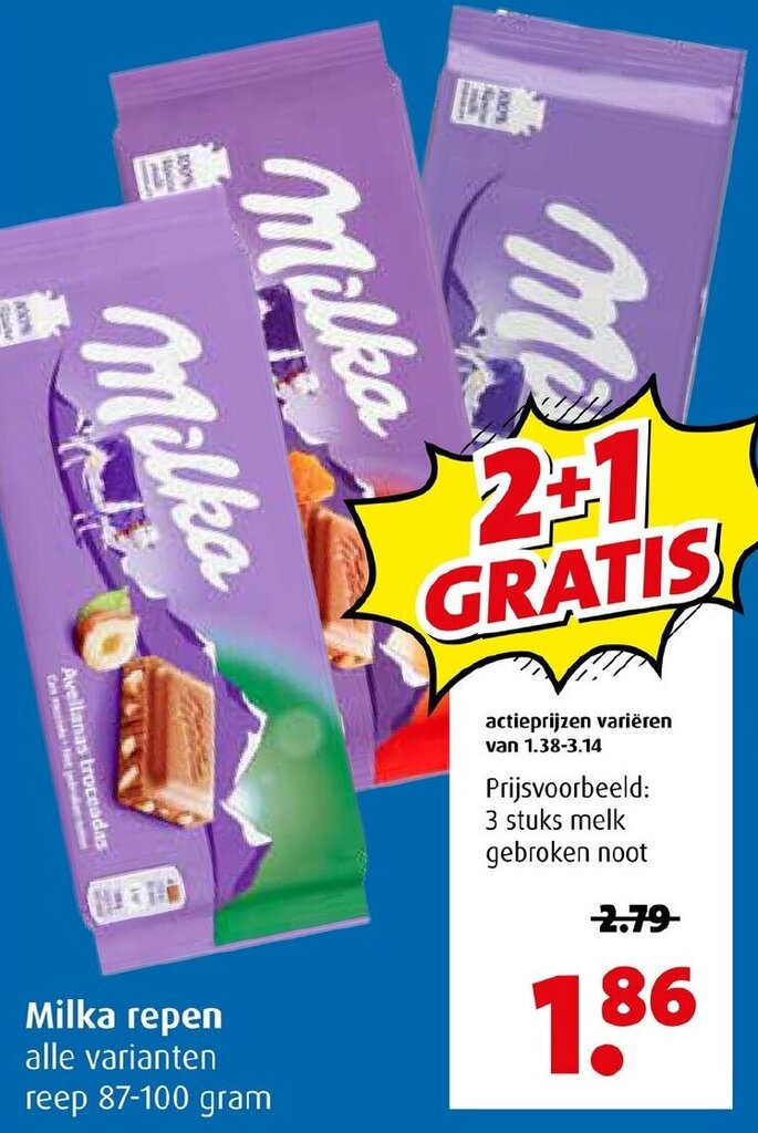 Milka repen 87-100 gram 2+1 gratis aanbieding bij Boni