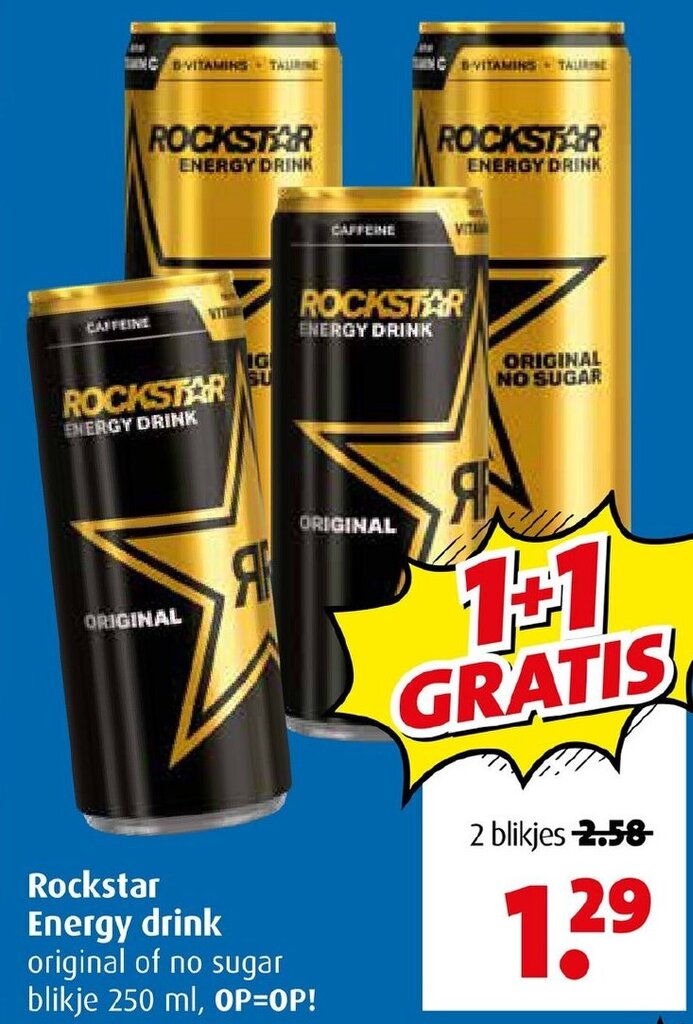 Rockstar Energy drink 250ml 1+1 gratis aanbieding bij Boni