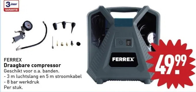 Draagbare compressor geschikt voor o.a. banden. aanbieding bij ALDI