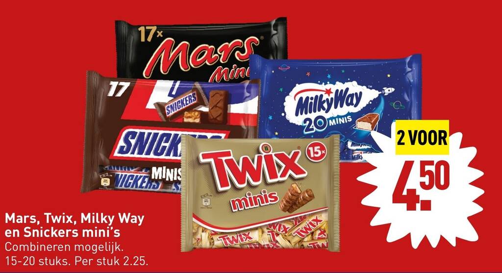 Mars, Twix, Milky Way en Snickers mini's aanbieding bij ALDI