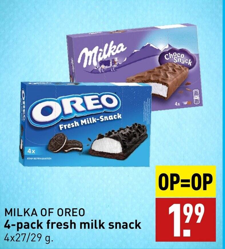 MILKA OF OREO 4-pack fresh milk snack 4x27/29 g. aanbieding bij ALDI