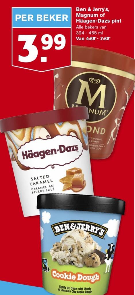 Ben & Jerry's, Magnum of Häagen-Dazs pint aanbieding bij Hoogvliet