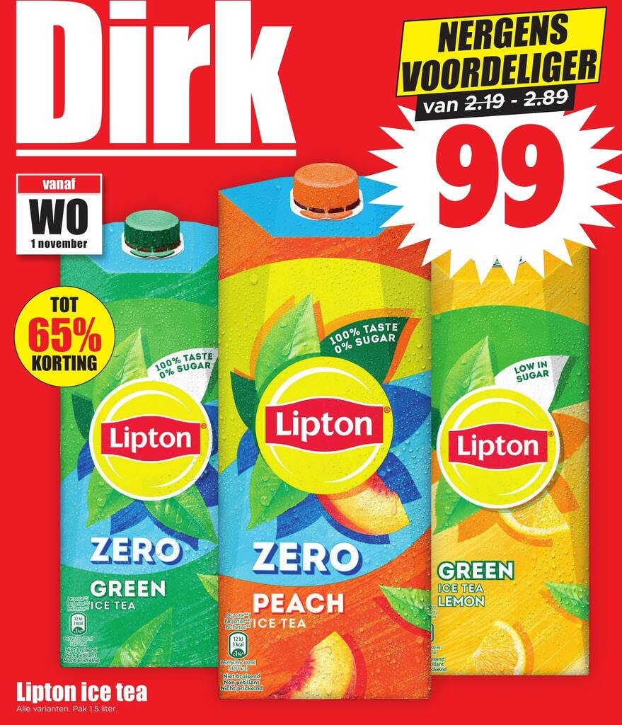 Lipton ice tea Pak 1.5 liter aanbieding bij Dirk