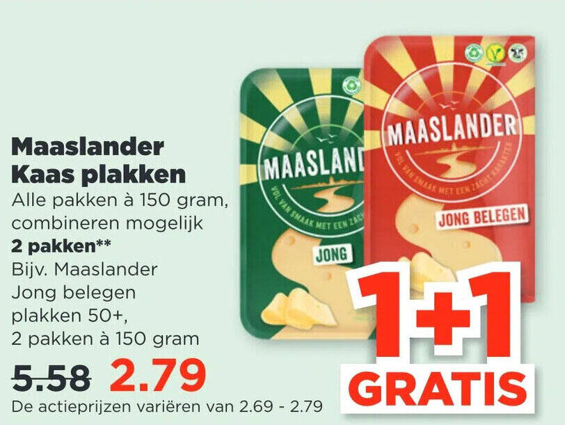 Maaslander Kaas plakken 150 gram 1+1 gratis aanbieding bij PLUS