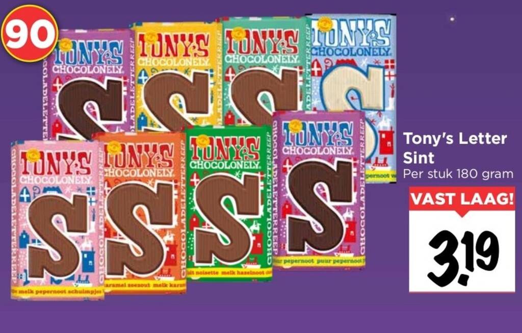 Tony's Letter Sint Per stuk 180 gram aanbieding bij Vomar Voordeelmarkt