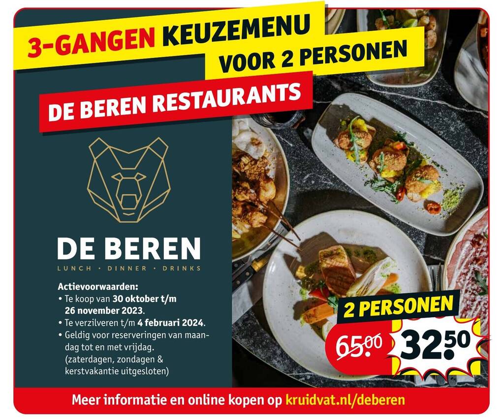 3-GANGEN KEUZEMENU DE BEREN RESTAURANTS aanbieding bij Kruidvat