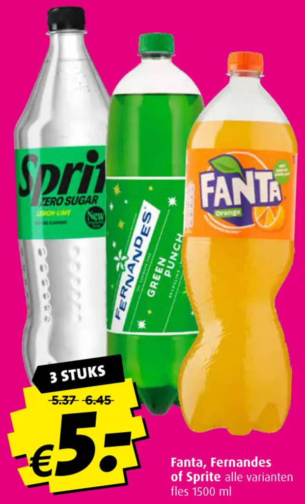 Fanta, Fernandes of Sprite alle varianten fles 1500 ml aanbieding bij Boni