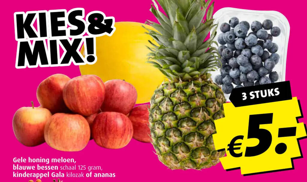 Gele honing meloen, blauwe bessen schaal 125 gram, kinderappel Gala ...