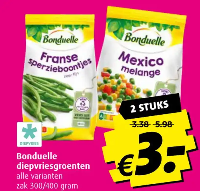 Bonduelle diepvriesgroenten alle varianten zak 300/400 gram aanbieding bij Boni