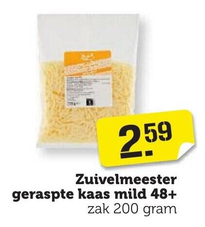 Zuivelmeester geraspte kaas mild 48+ 200g aanbieding bij Coop