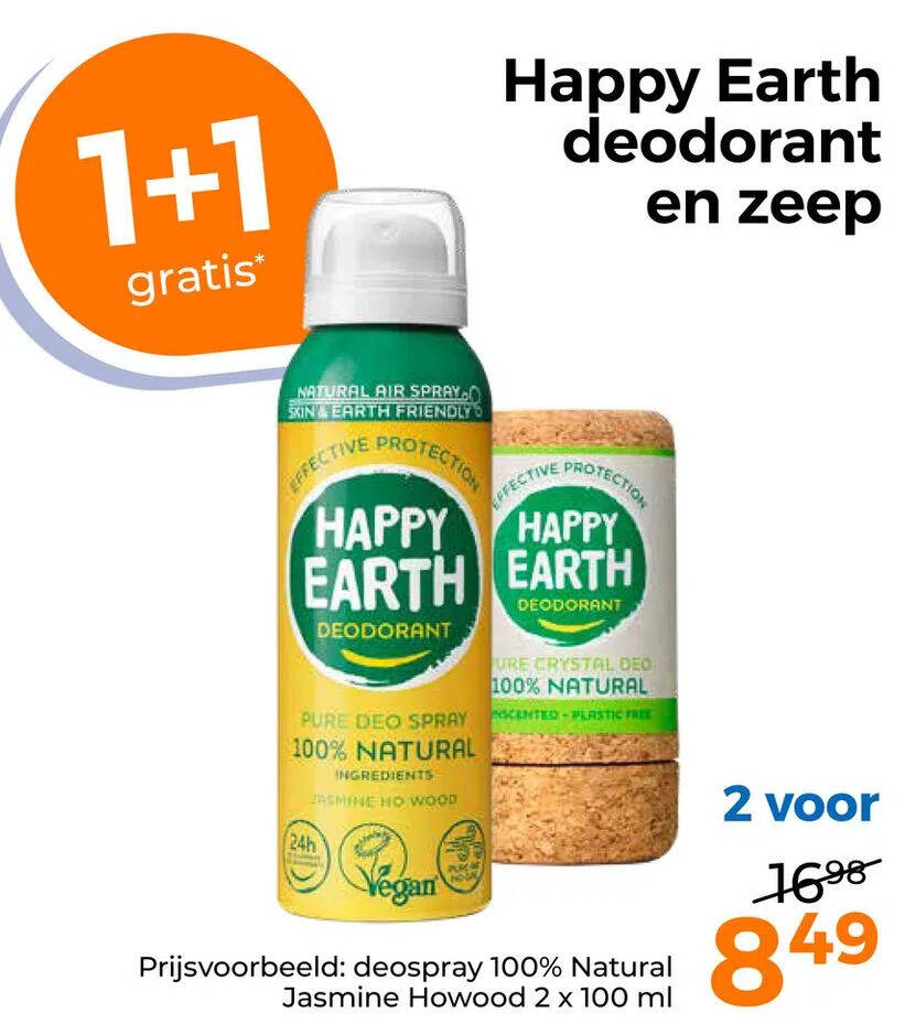 Happy earth deodorant en zeep 1+1 gratis aanbieding bij Trekpleister