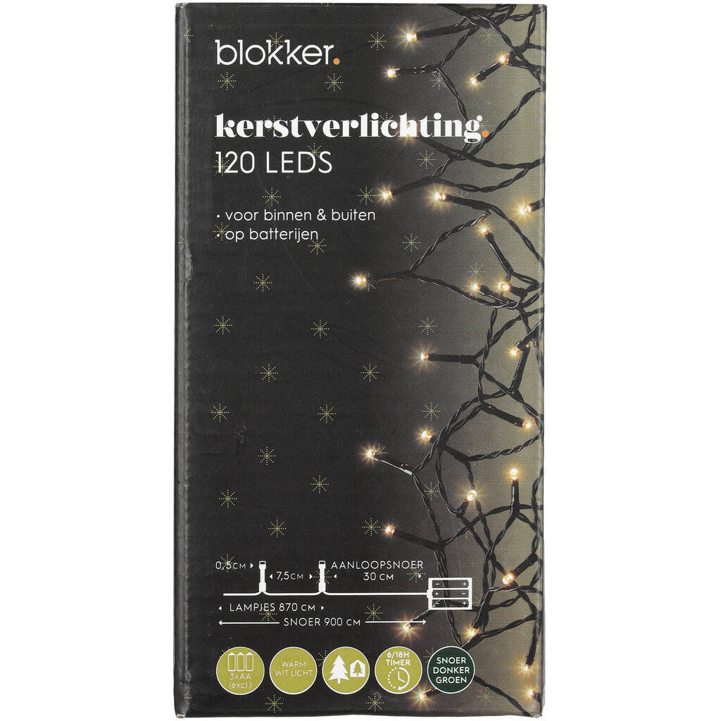 Blokker 120led kerstverlichting, warm wit 3xaa aanbieding bij Blokker