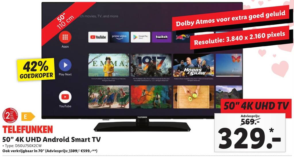 TELEFUNKEN 50" 4K UHD Android Smart TV aanbieding bij Lidl