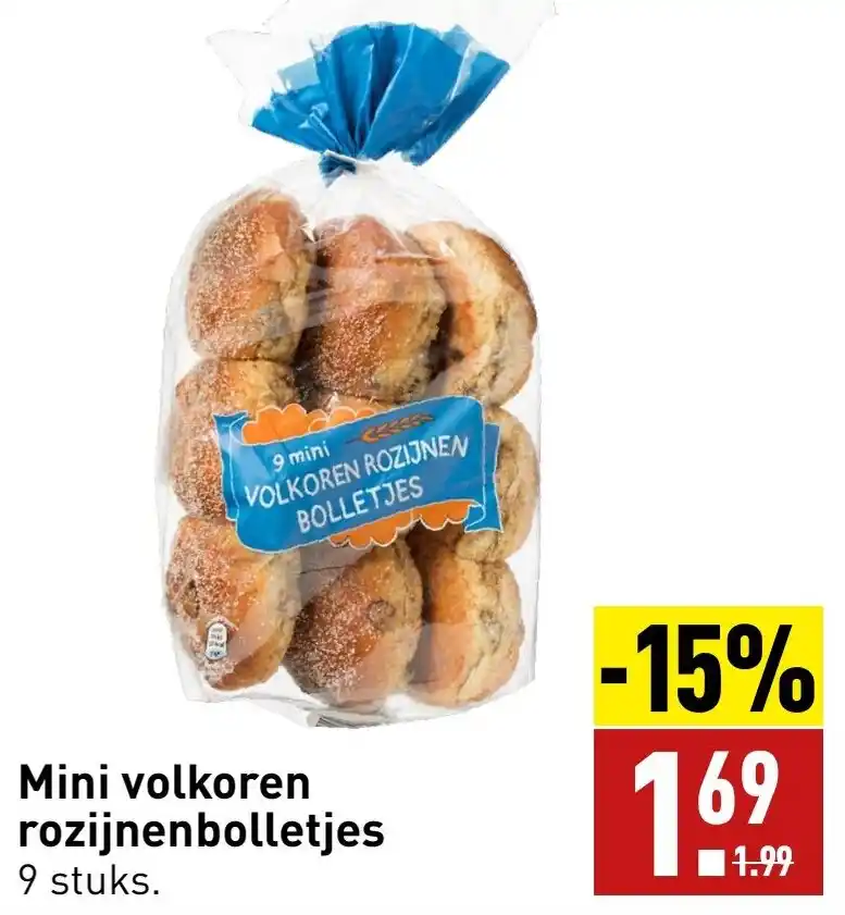 Mini volkoren rozijnenbolletjes 9 stuks aanbieding bij ALDI