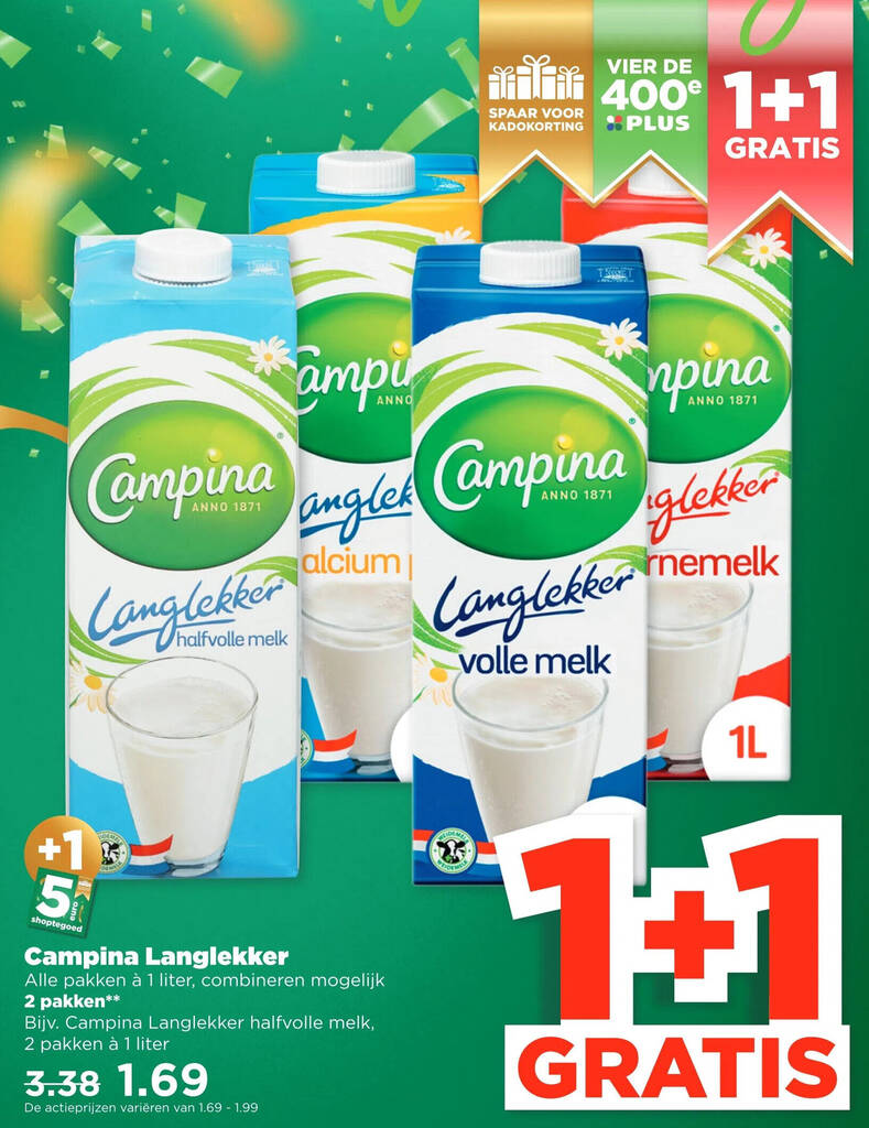 Campina Langlekker 2 pakken 1+1 gratis aanbieding bij PLUS