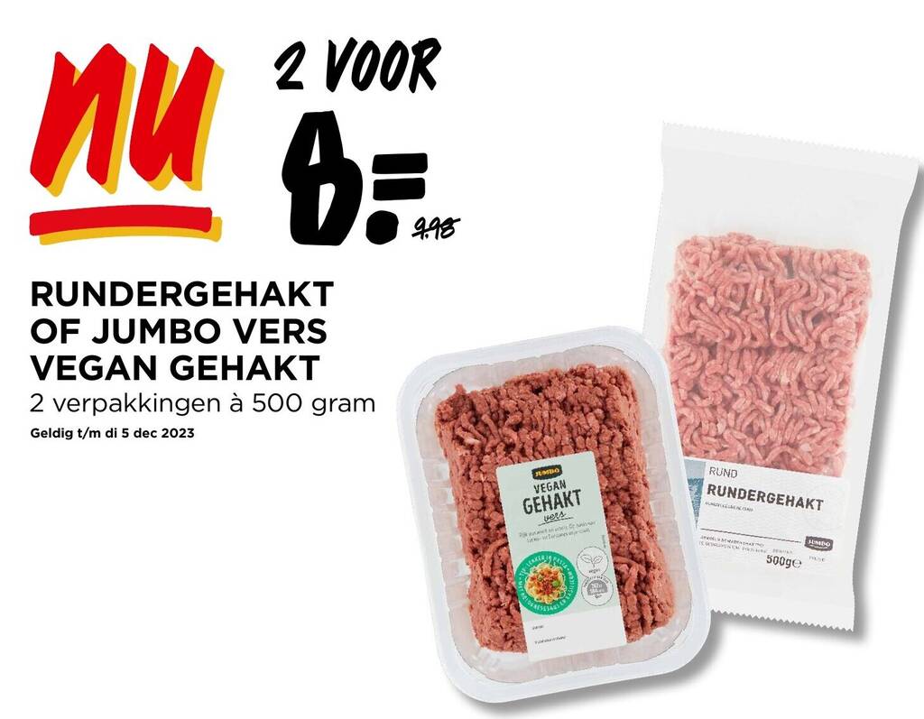 RUNDERGEHAKT OF JUMBO VERS VEGAN GEHAKT 2 verpakkingen à 500 gram ...