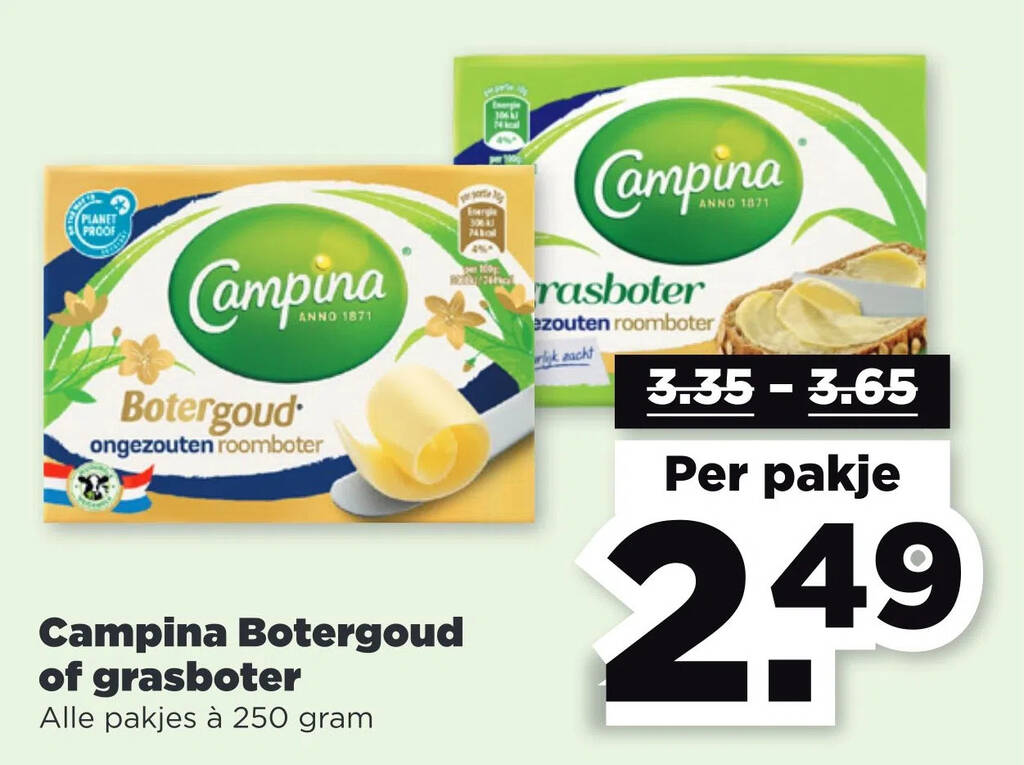 Campina botergoud of grasboter aanbieding bij PLUS