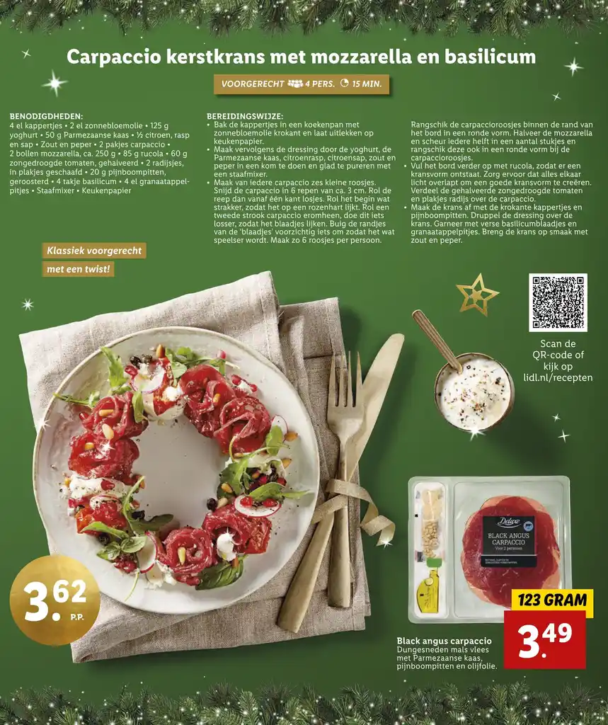 Carpaccio kerstkrans met mozzarella en basilicum aanbieding bij Lidl