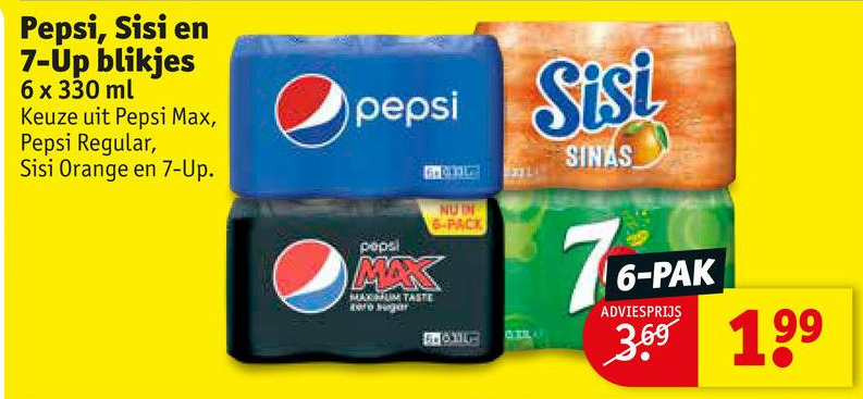 Pepsi, Sisi en 7-Up blikjes 6 x 330 ml aanbieding bij Kruidvat