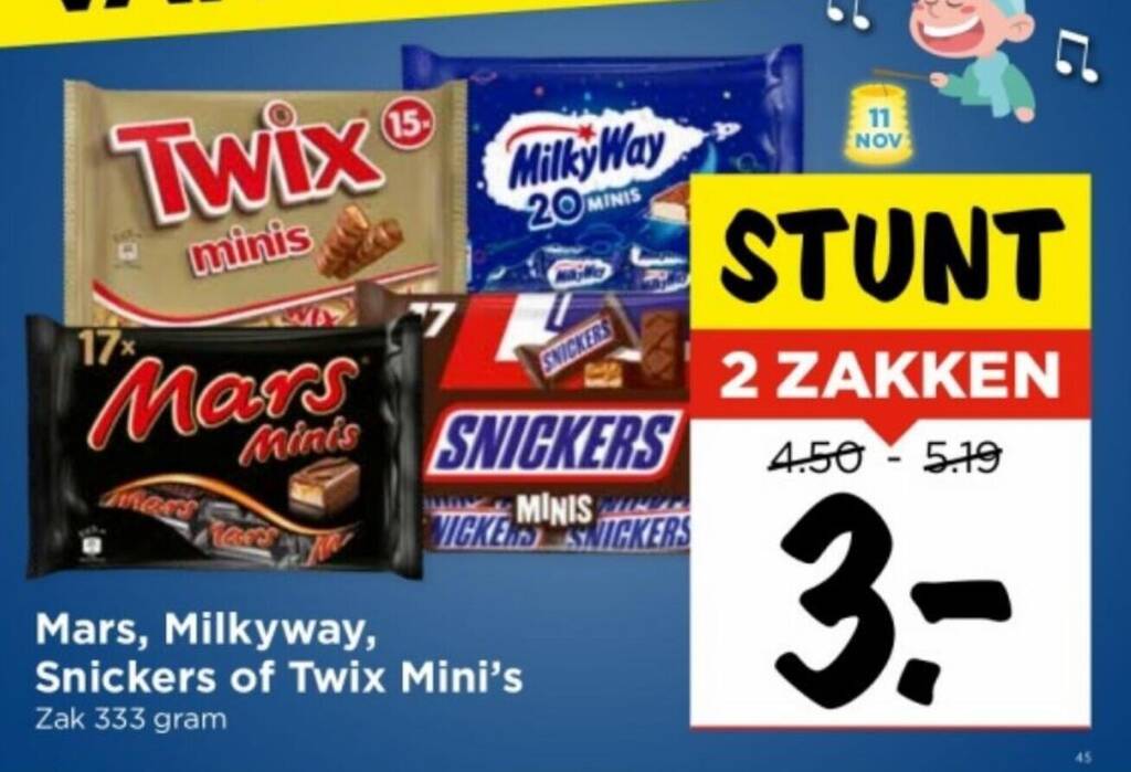 Mars, Milkyway, Snickers of Twix Mini's Zak 333 gram aanbieding bij ...