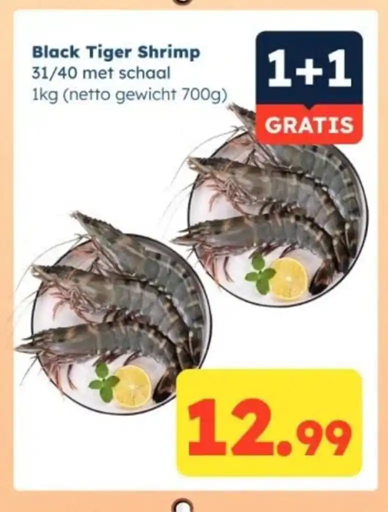 Black Tiger Shrimp 31/40 met schaal 1kg (netto gewicht 700g) aanbieding ...