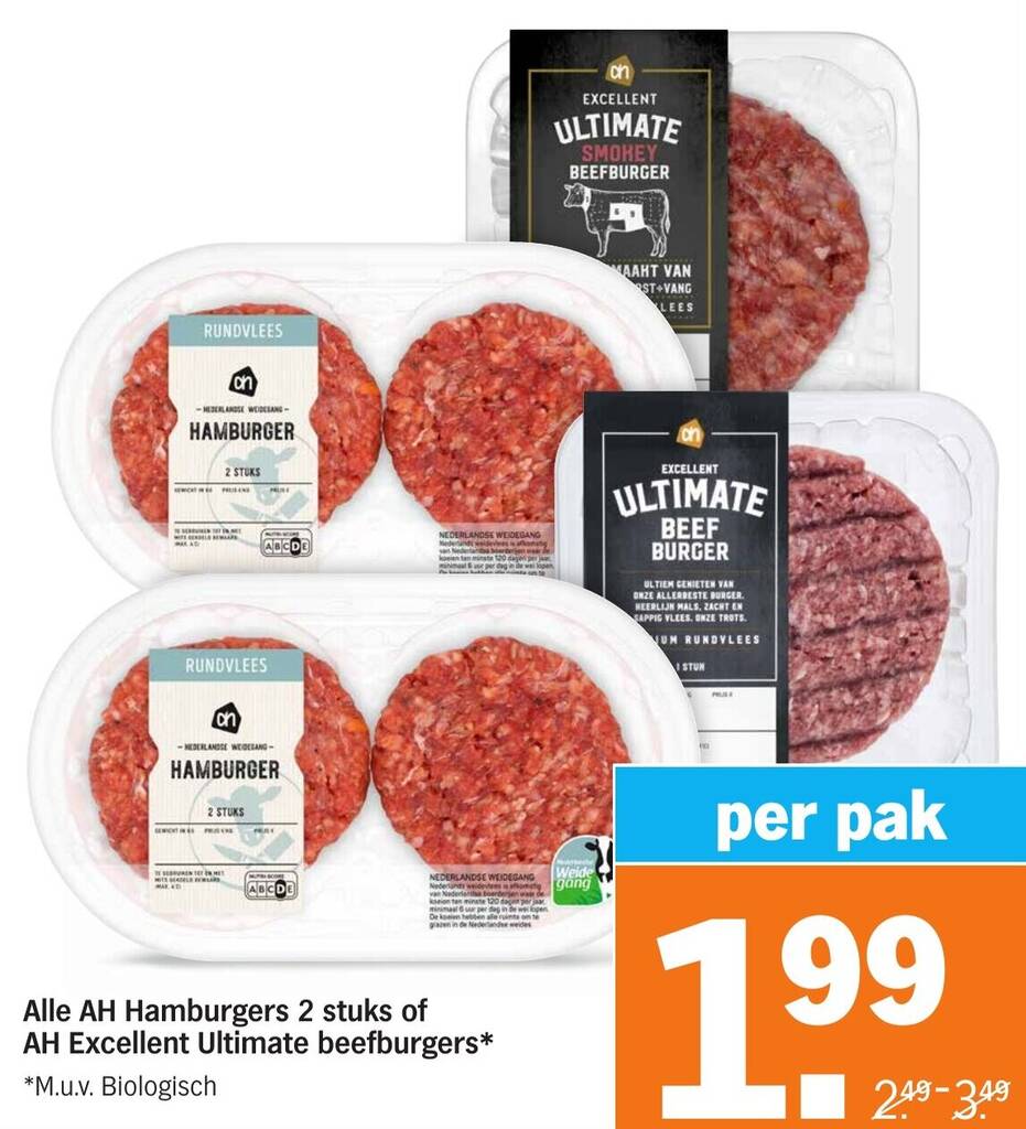 Alle AH Hamburgers 2 stuks of AH Excellent Ultimate beefburgers ...