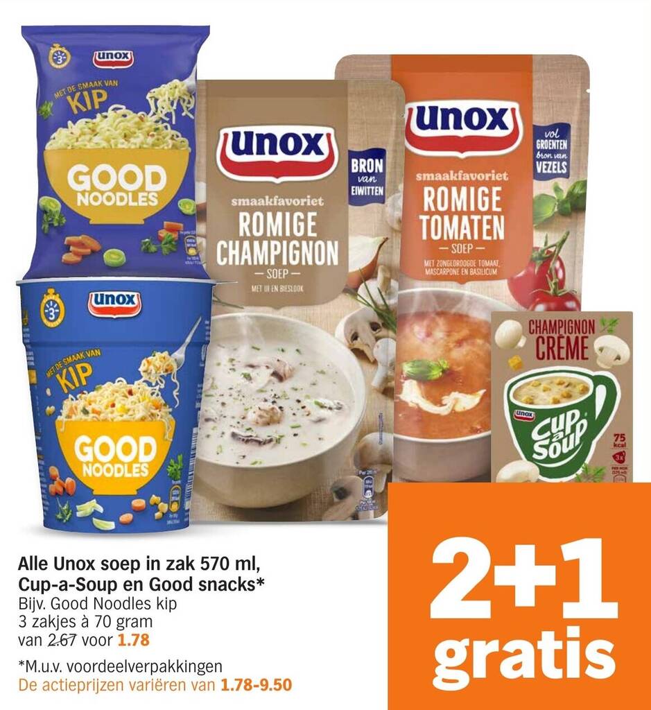 Alle Unox soep in zak 570 ml, Cup-a-Soup en Good snacks 2+1 gratis ...