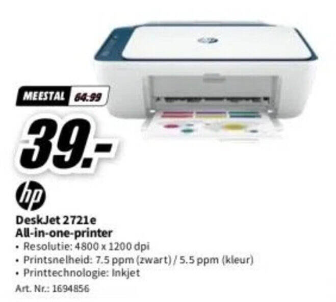 hp DeskJet 2721e All-in-one-printer aanbieding bij MediaMarkt
