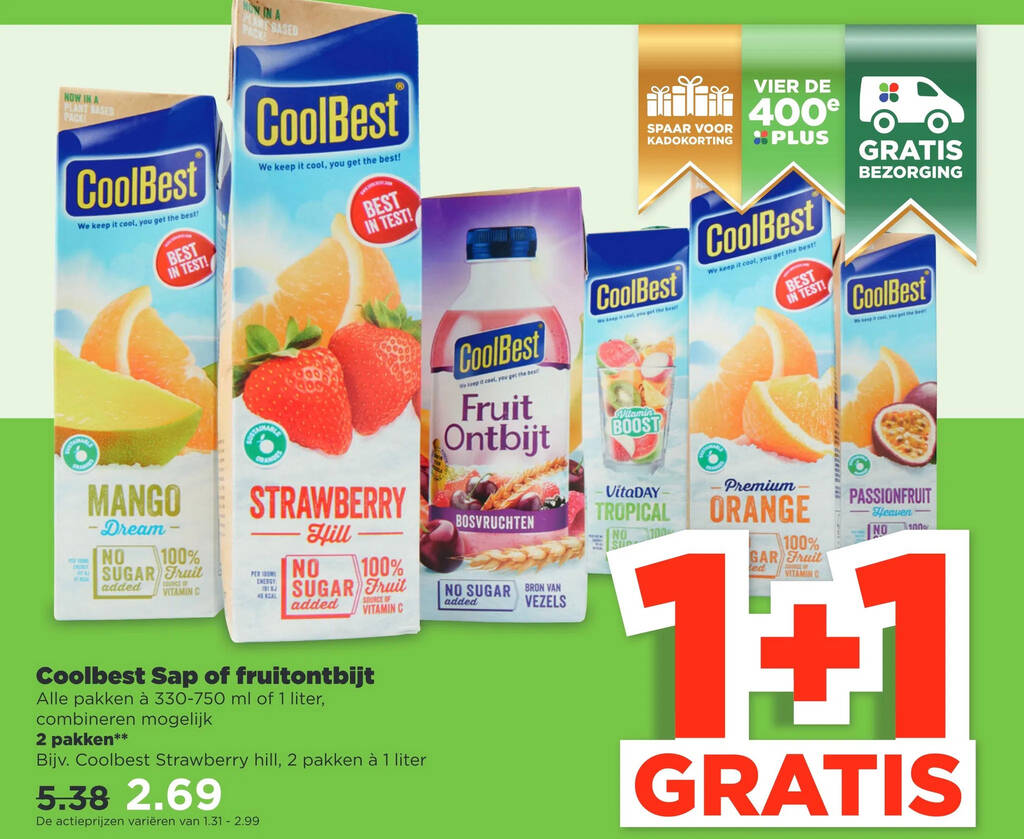 Coolbest sap of fruitontbijt 1+1 gratis* aanbieding bij PLUS