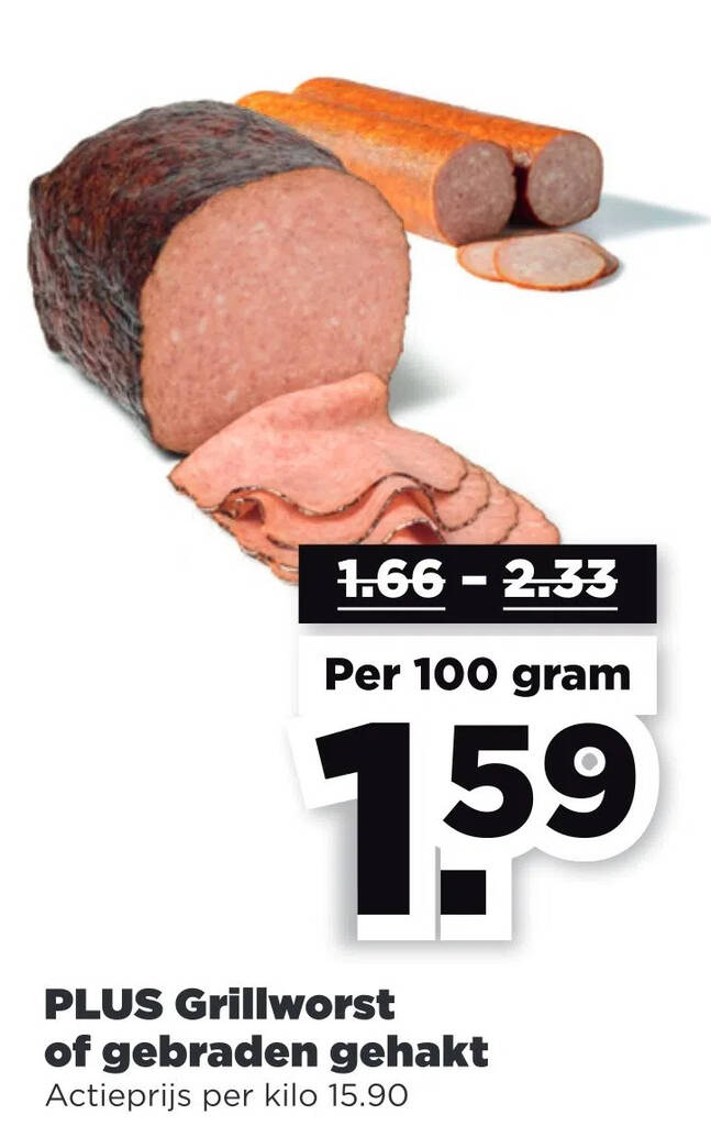 Plus grillworst of gebraden gehakt aanbieding bij PLUS