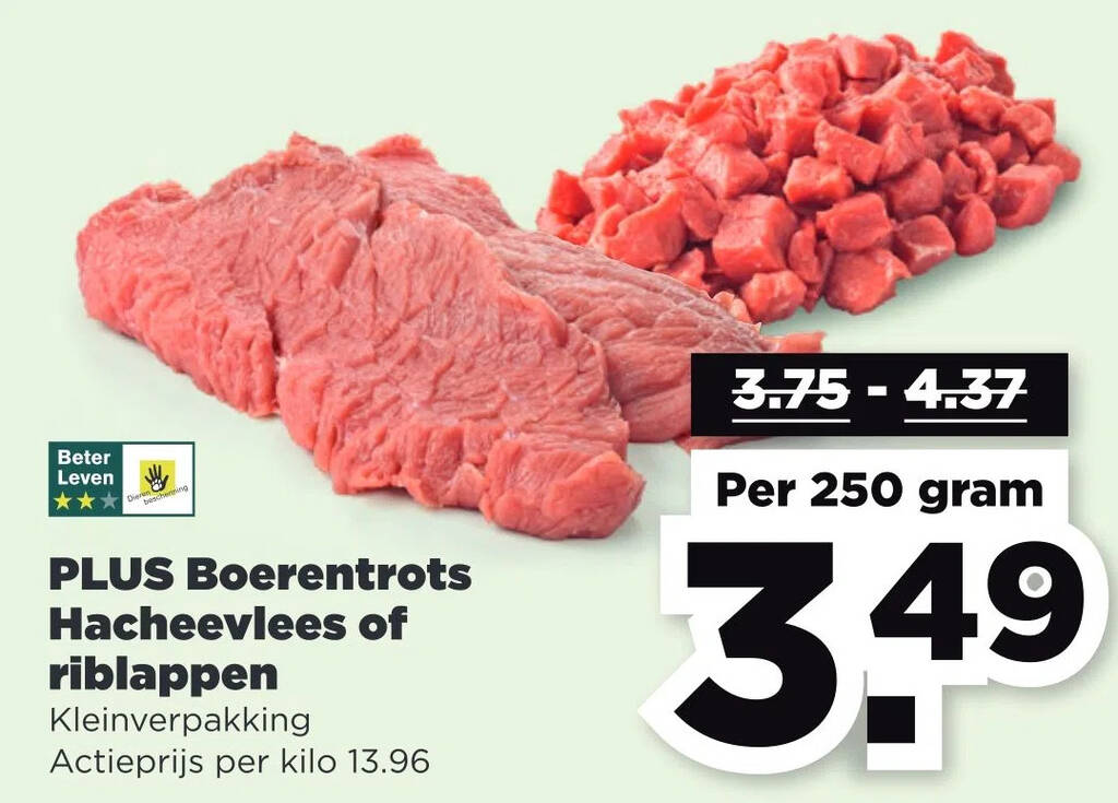 Plus boerentrots hacheevlees of riblappen aanbieding bij PLUS