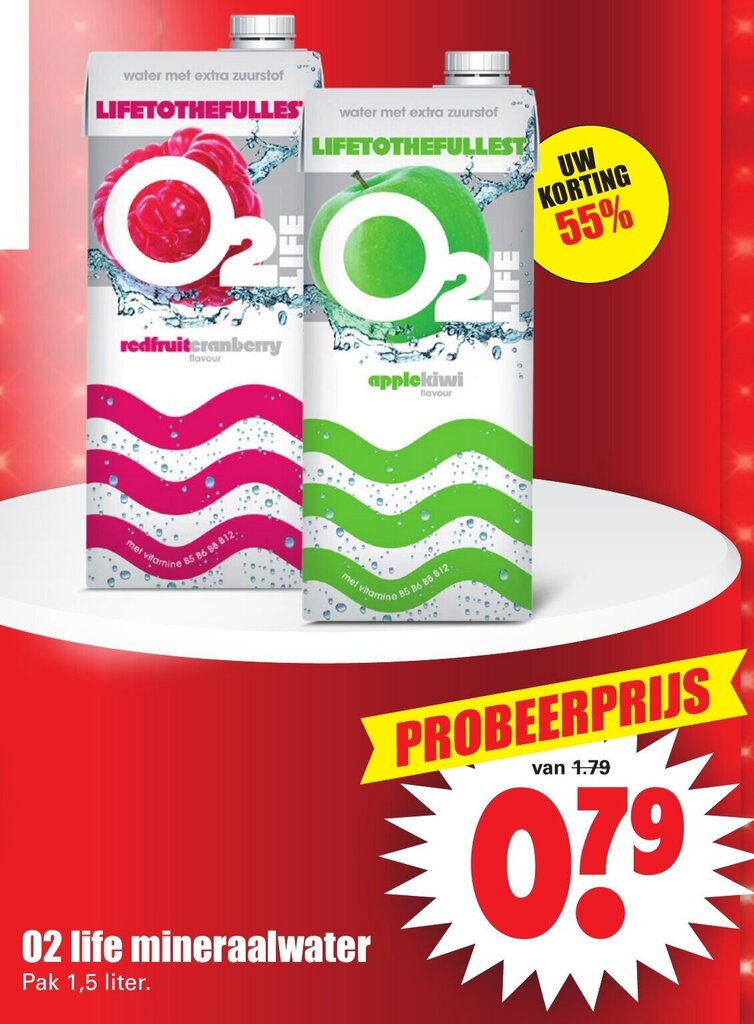 O2 Life water met smaak 1.5L aanbieding bij Dirk