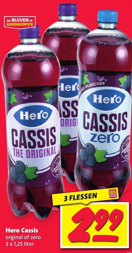 Hero Cassis orginal of zero 3 x 1,25 liter aanbieding bij Nettorama