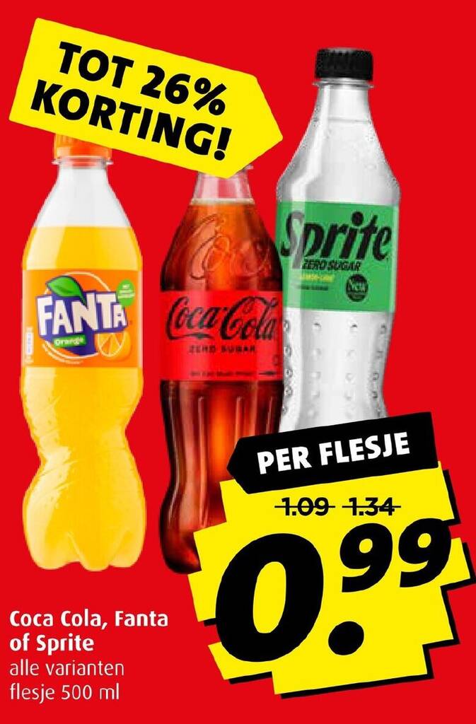 Coca Cola, Fanta of Sprite alle varianten flesje 500 ml aanbieding bij Boni