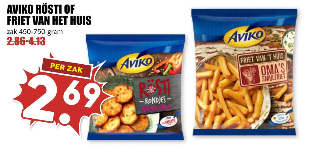 Aviko rösti of friet van het huis aanbieding bij MCD Supermarkt