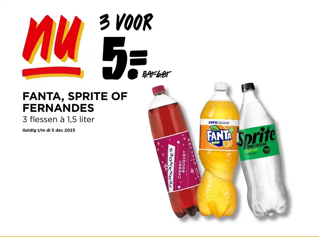 FANTA, SPRITE OF FERNANDES 3 flessen à 1,5 liter aanbieding bij Jumbo