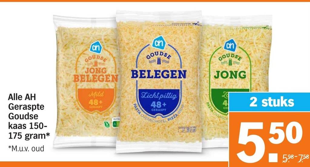 Alle AH Geraspte Goudse kaas 150-175 gram aanbieding bij Albert Heijn
