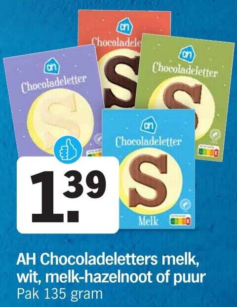 AH Chocoladeletters melk, wit, melk-hazelnoot of puur Pak 135 gram ...