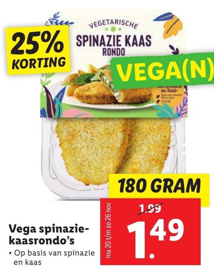 Vega spinazie-kaas rondo's 180g aanbieding bij Lidl