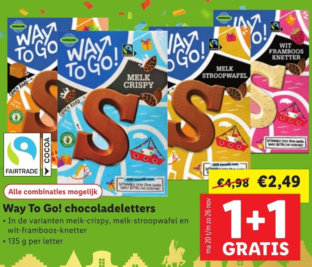 Way To Go! chocoladeletters 1+1 gratis aanbieding bij Lidl
