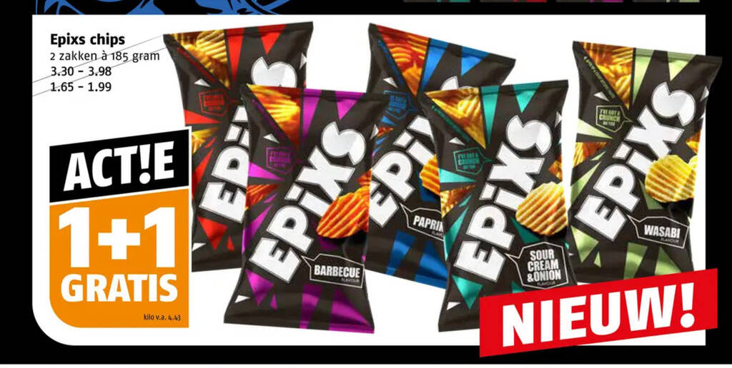 Epixs chips 2 zakken à 185 gram 1+1 gratis aanbieding bij Poiesz