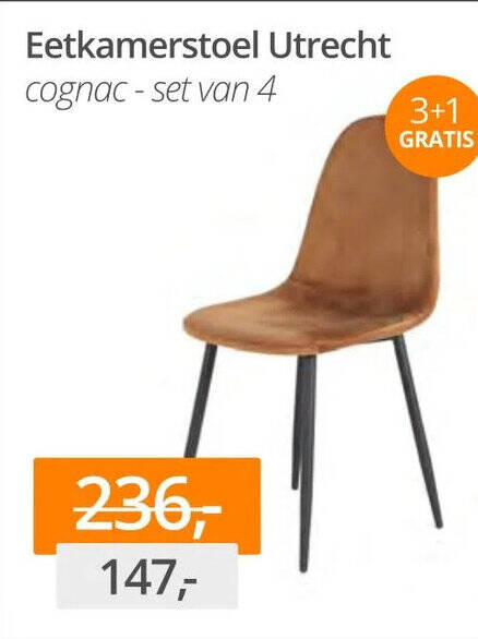 Eetkamerstoel Utrecht cognac-set van 4 3+1 gratis aanbieding bij WOONENZO