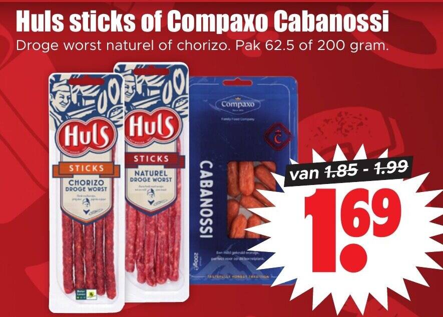 Huls sticks of Compaxo Cabanossi aanbieding bij Dirk
