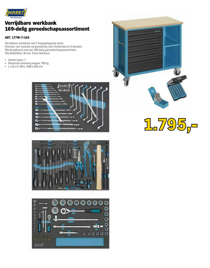 Hazet Verrijdbare werkbank 169-delig gereedschapsassortiment | 177W-7/169 aanbieding bij Toolspecial